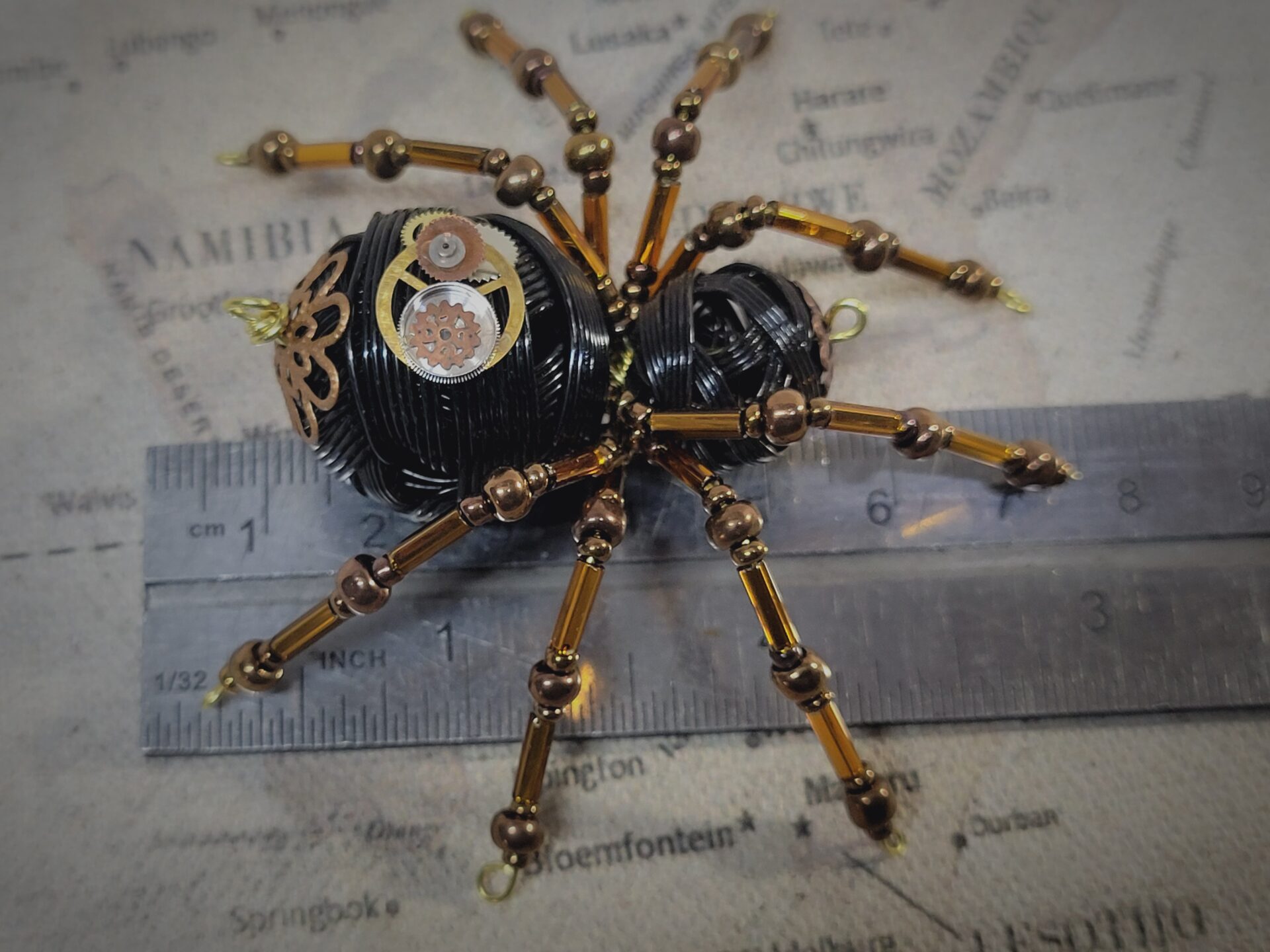 Steampunk Black Spun Metal Wire Beaded Spider w/Gears