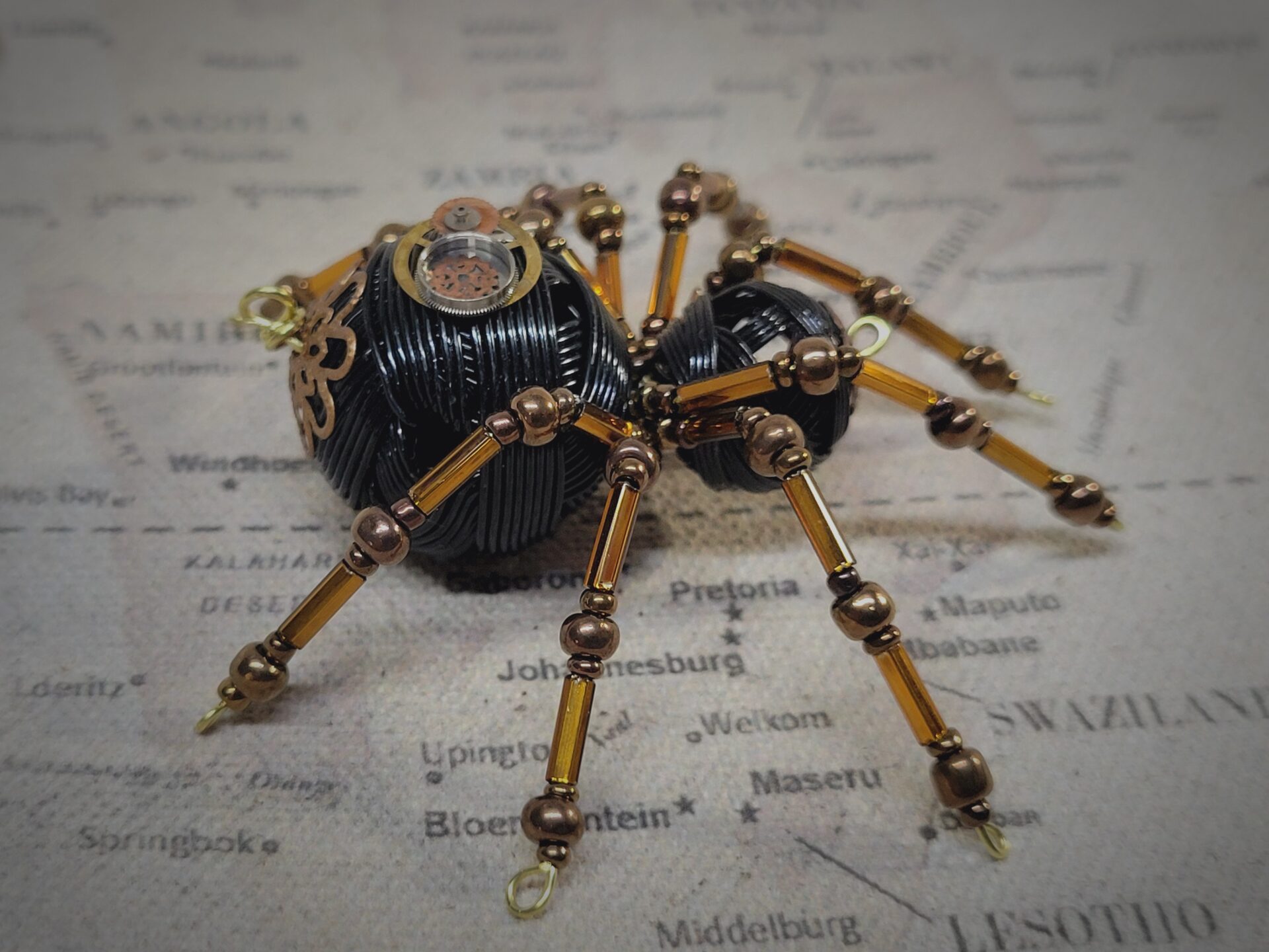 Steampunk Black Spun Metal Wire Beaded Spider w/Gears