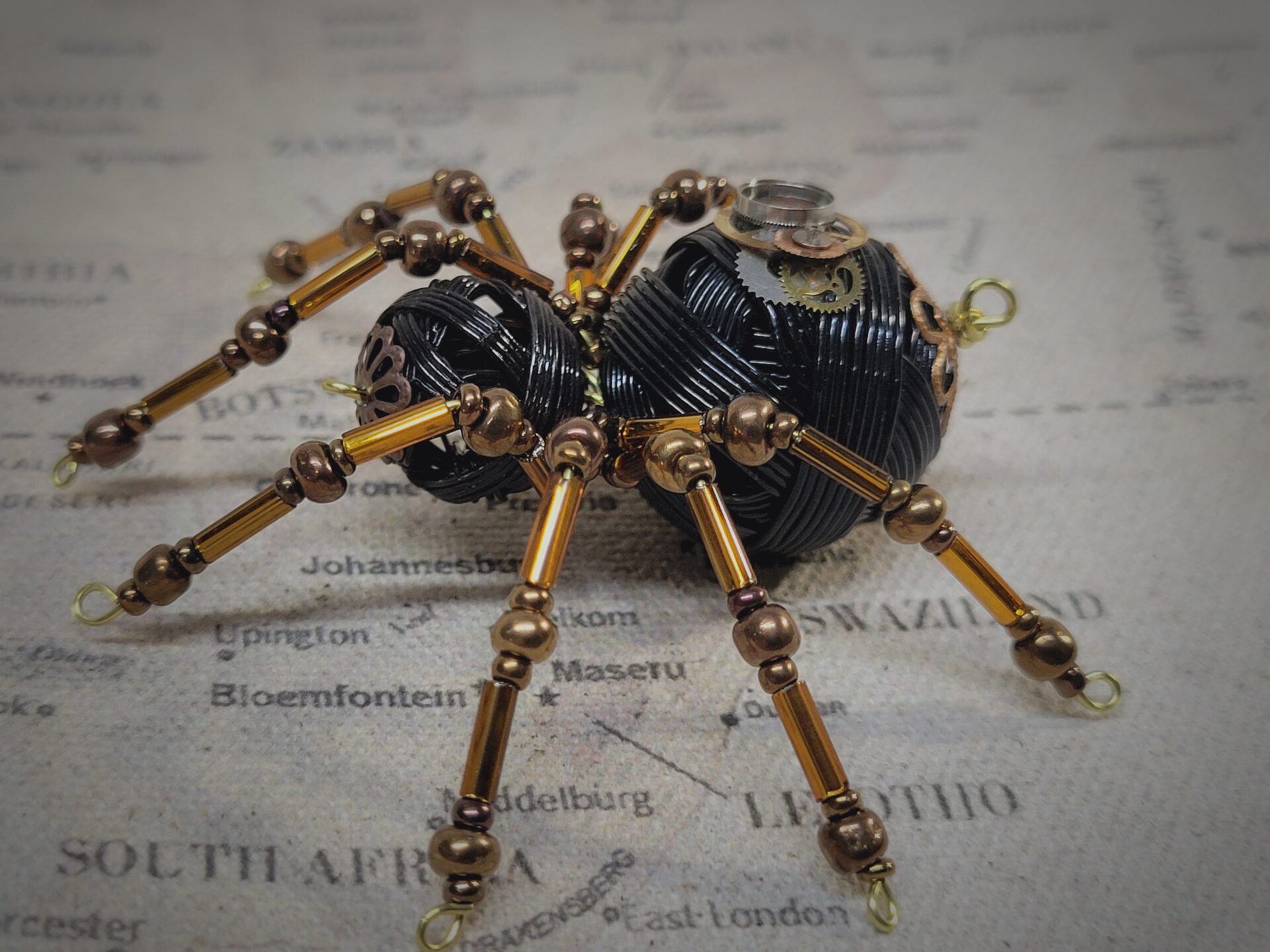 Steampunk Black Spun Metal Wire Beaded Spider w/Gears