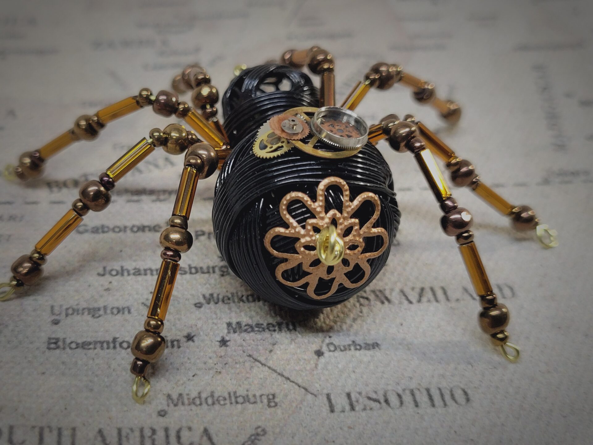 Steampunk Black Spun Metal Wire Beaded Spider w/Gears