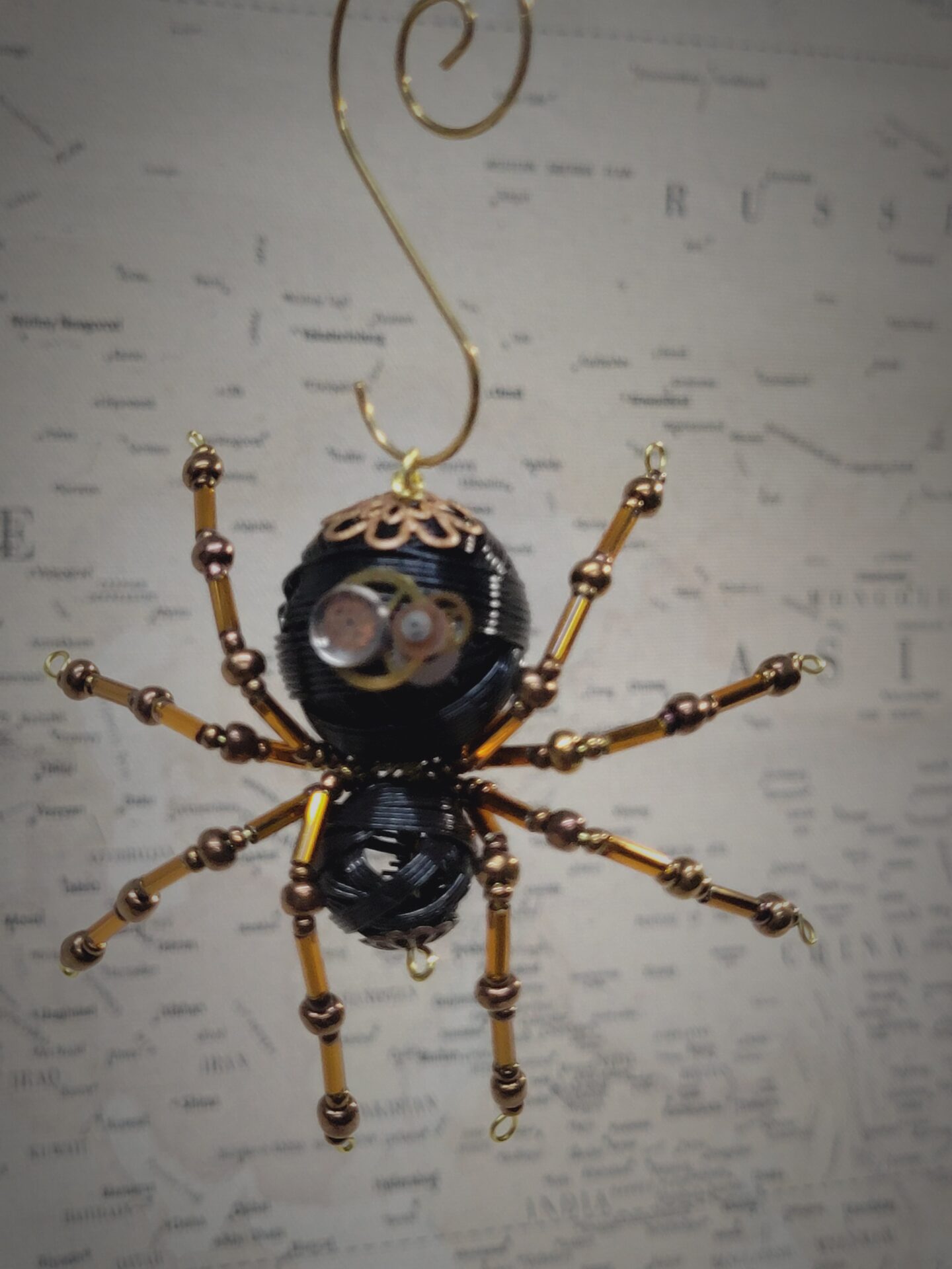 Steampunk Black Spun Metal Wire Beaded Spider w/Gears