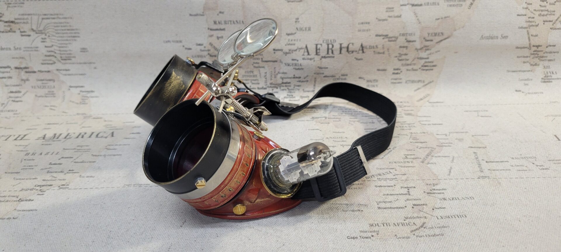 Steampunk Engineer Red Goggles With Double Loupes and a Vacuum Tube
